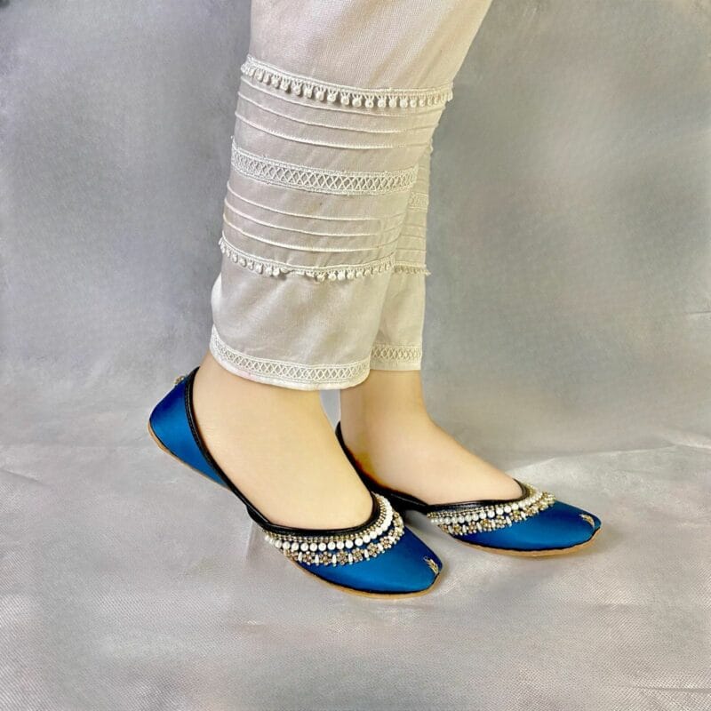 Teal Blue Khussa With white Pearls-2144 – SNF
